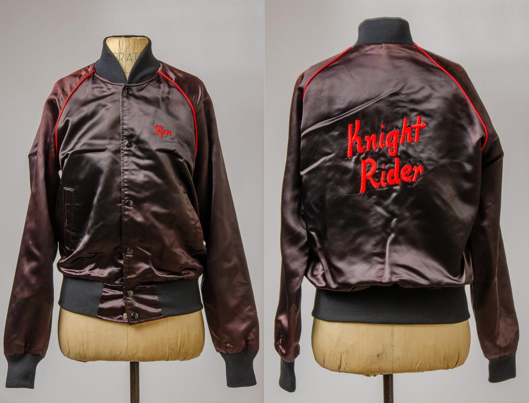 1980s Knight Rider David Hasselhoff Promo Black Satin Bomber Jacket 1980s-knight-rider-david-hasselhoff-promo-black-satin-bomber-jacket