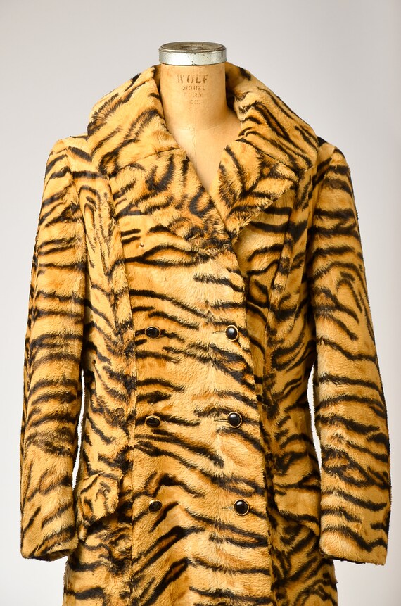1970s Joseph I. Magnin Faux Tiger Fur Full Length Coat - Gem