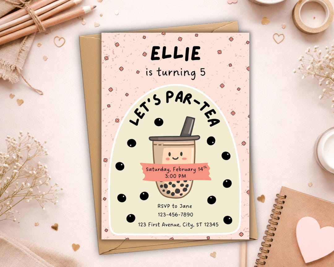 Editable Boba Birthday Invitation Customizable Tapioca 5x7 Invite Girls ...