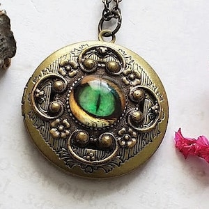 Dragon Eye Locket | Green Eye Vintage Necklace | Fire Gold Pill Box or ...