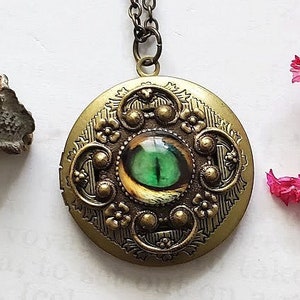 Dragon Eye Locket | Green Eye Vintage Necklace | Fire Gold Pill Box or ...