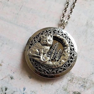Silver Cat Locket | Kitty Cat Necklace | Pine Tree Jewelry | Sterling ...