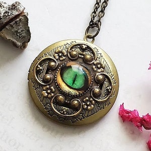 Dragon Eye Locket | Green Eye Vintage Necklace | Fire Gold Pill Box or ...