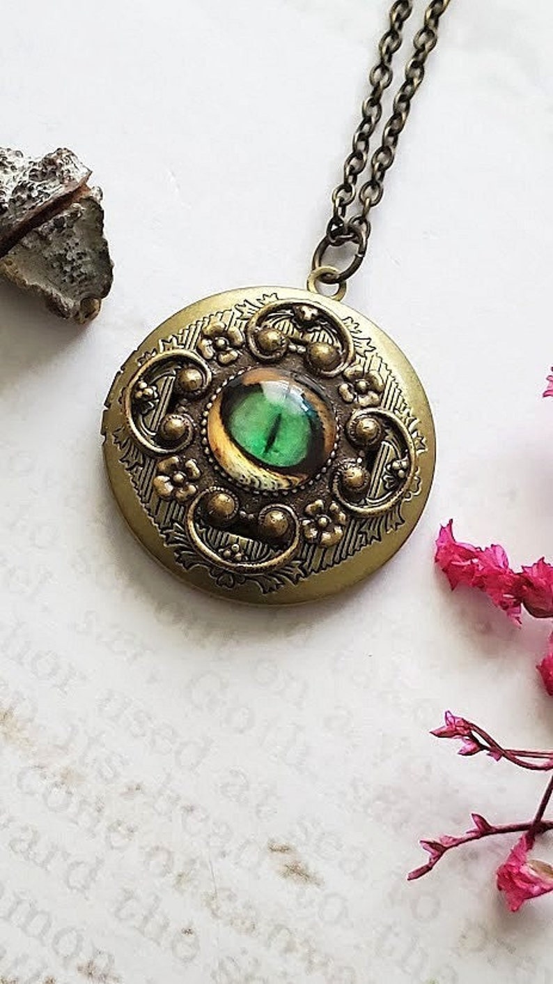 Dragon Eye Locket | Green Eye Vintage Necklace | Fire Gold Pill Box or ...