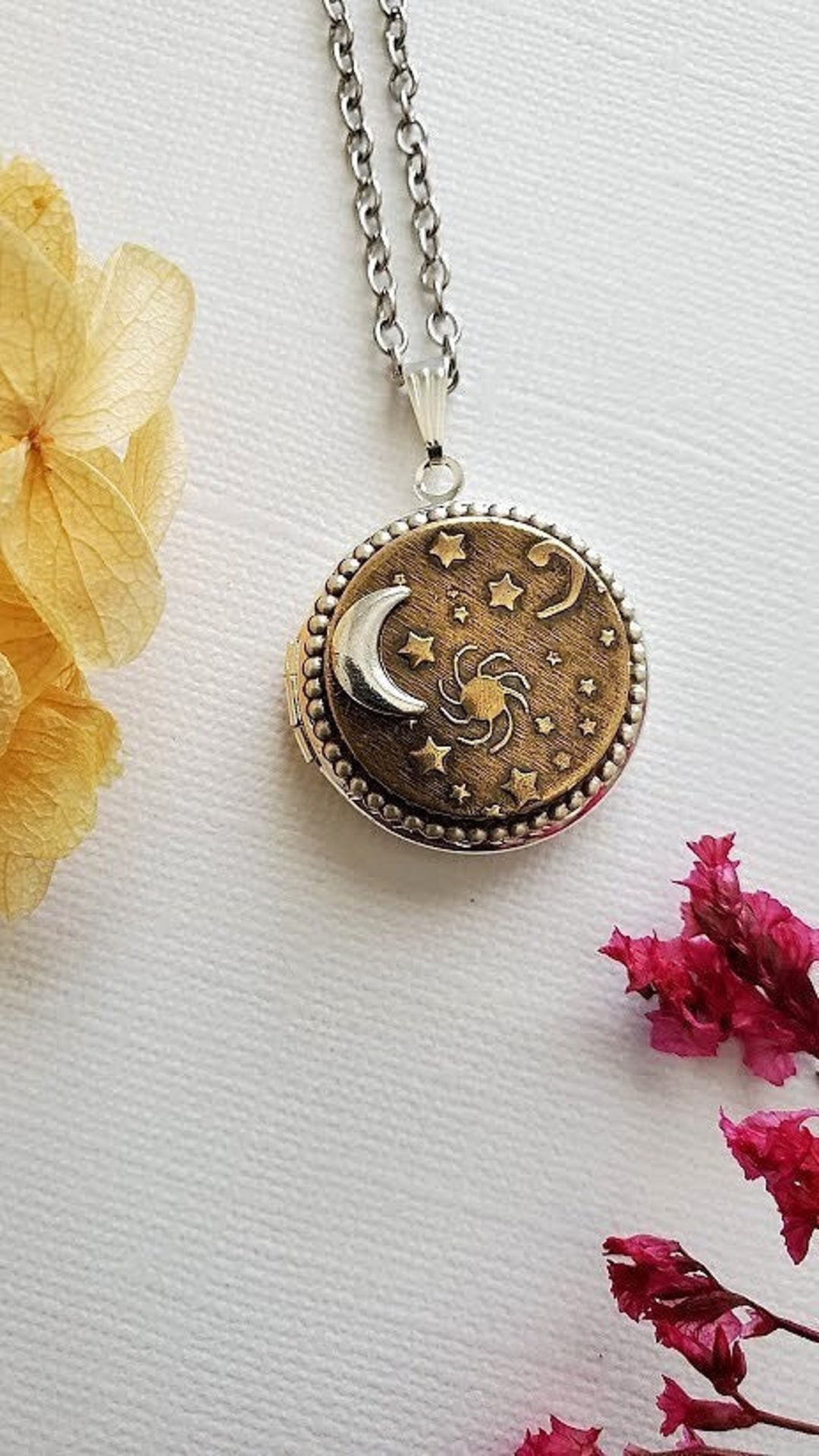 Stars Locket | Silver Moon Necklace | Crescent Bronze Brass Jewelry ...