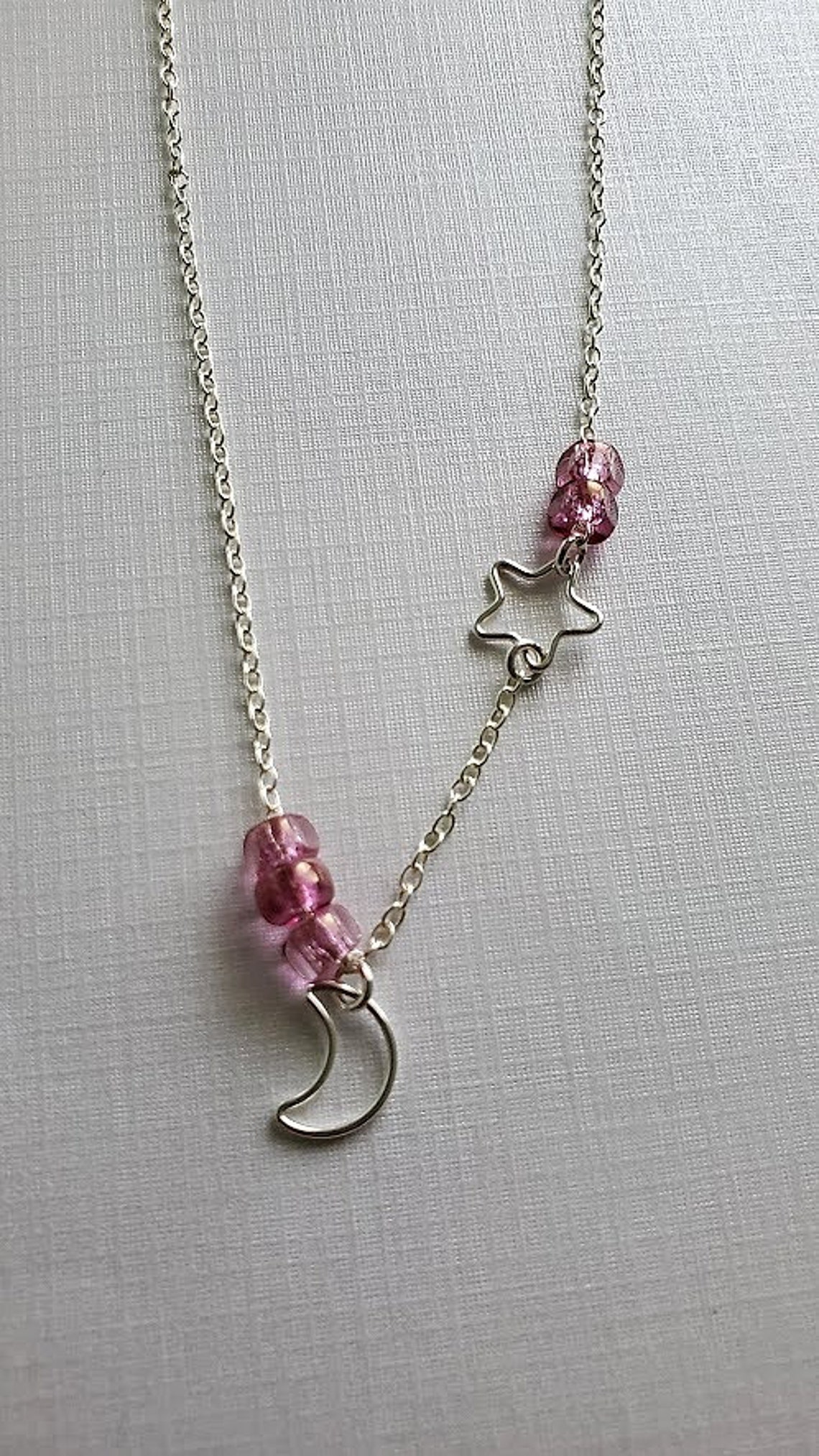 Sterling Silver Crescent Moon Star Necklace Pink Bead | Charm Pendant ...
