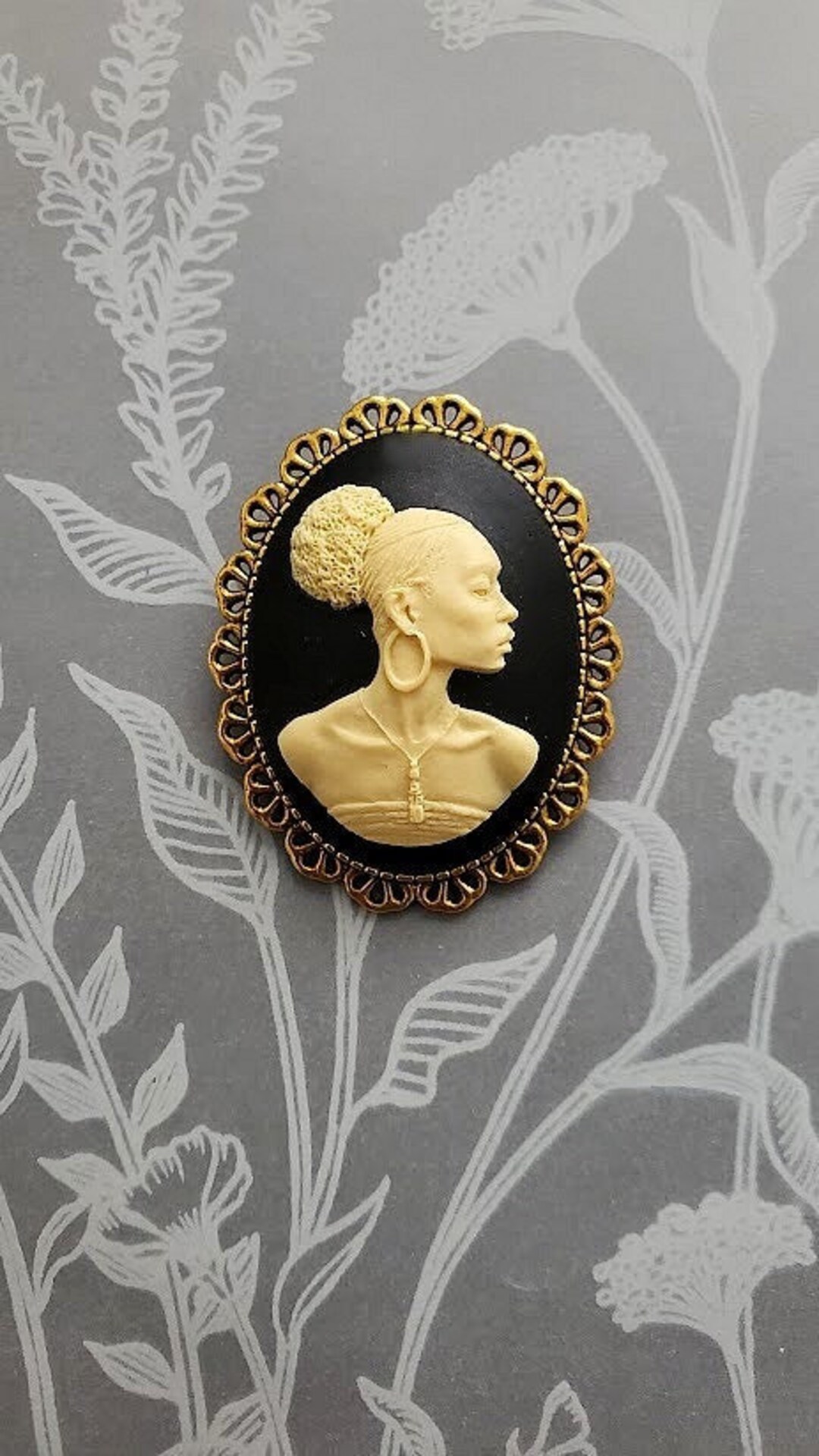 African Brooch Pin | Lady Cameo | Gold Brooch | Black and Ivory Cameo ...