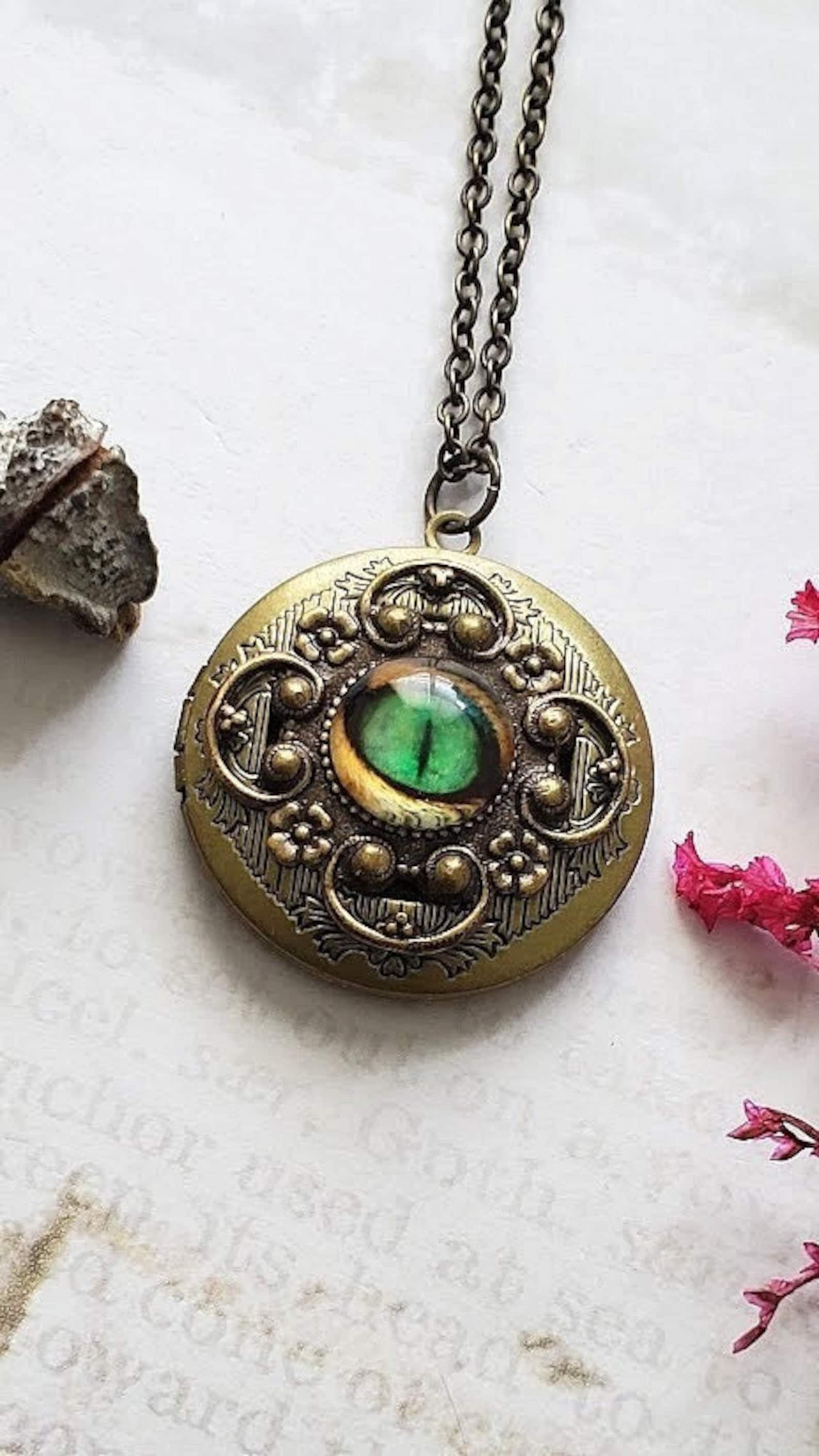 Dragon Eye Locket Green Eye Vintage Necklace Fire Gold - Etsy