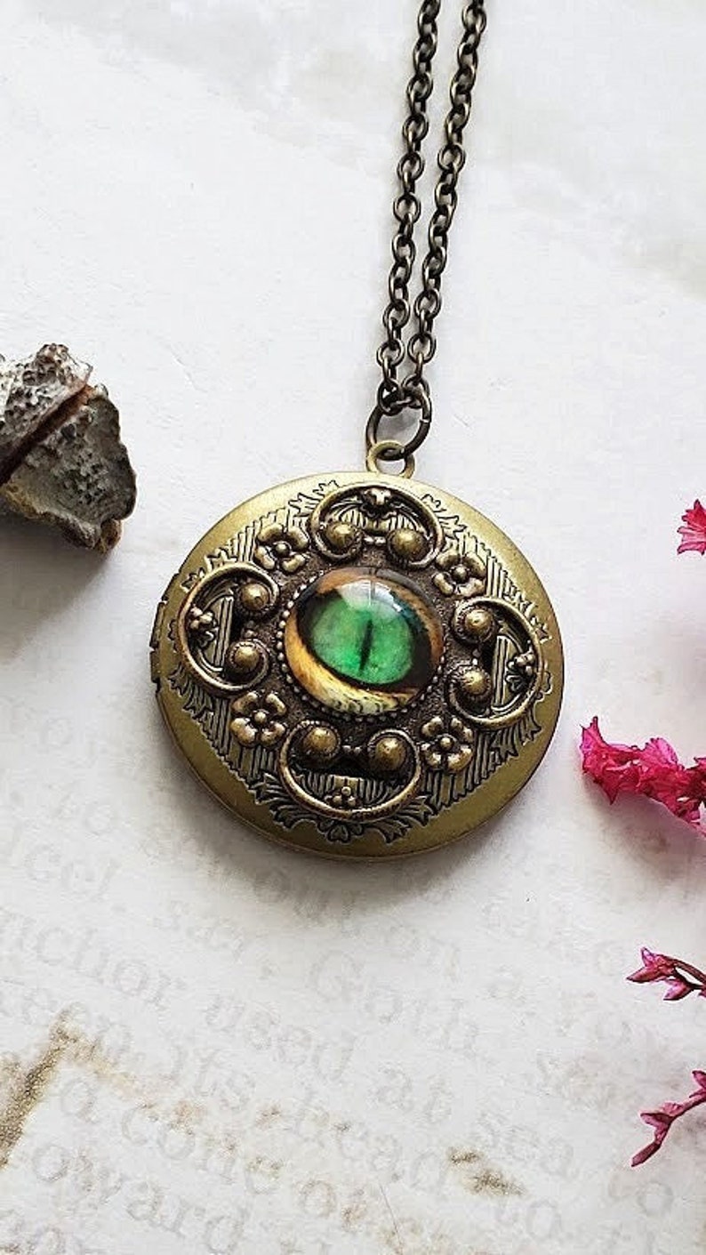 Dragon Eye Locket | Green Eye Vintage Necklace | Fire Gold Pill Box or ...