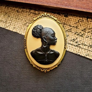 African Lady Brooch Pin | Queen Lady Cameo | Gold Brooch | Black and Ivory Cameo | Tribal Ethnic ...