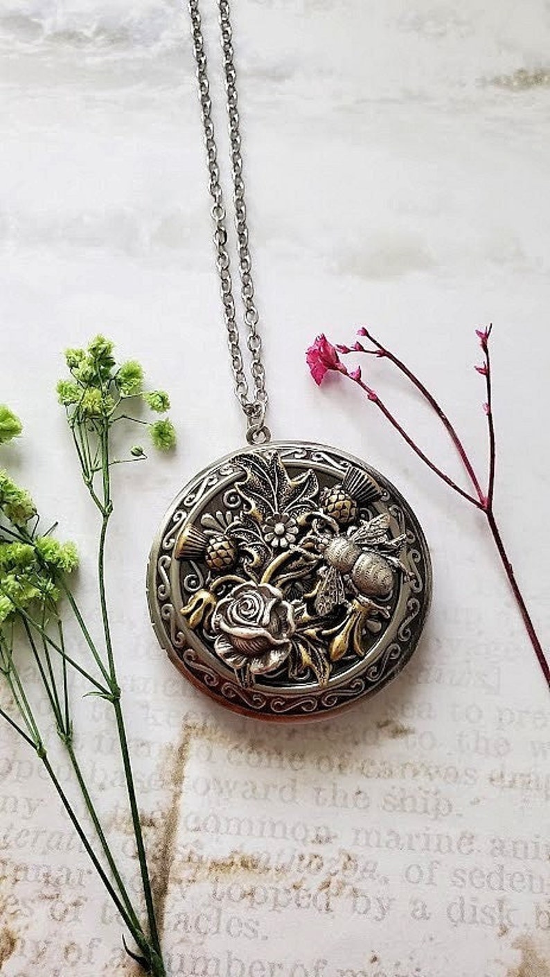 Vintage Style Bee Rose Locket Necklace Cottage Core Silver - Etsy