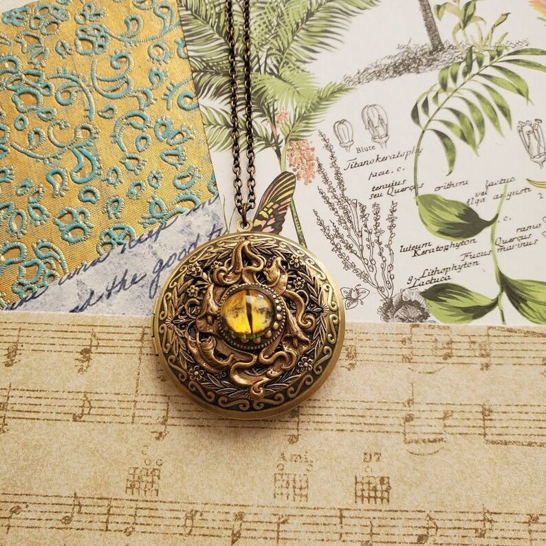 Dragon Eye Locket Necklace Yellow Fire Gold Vintage Look - Etsy