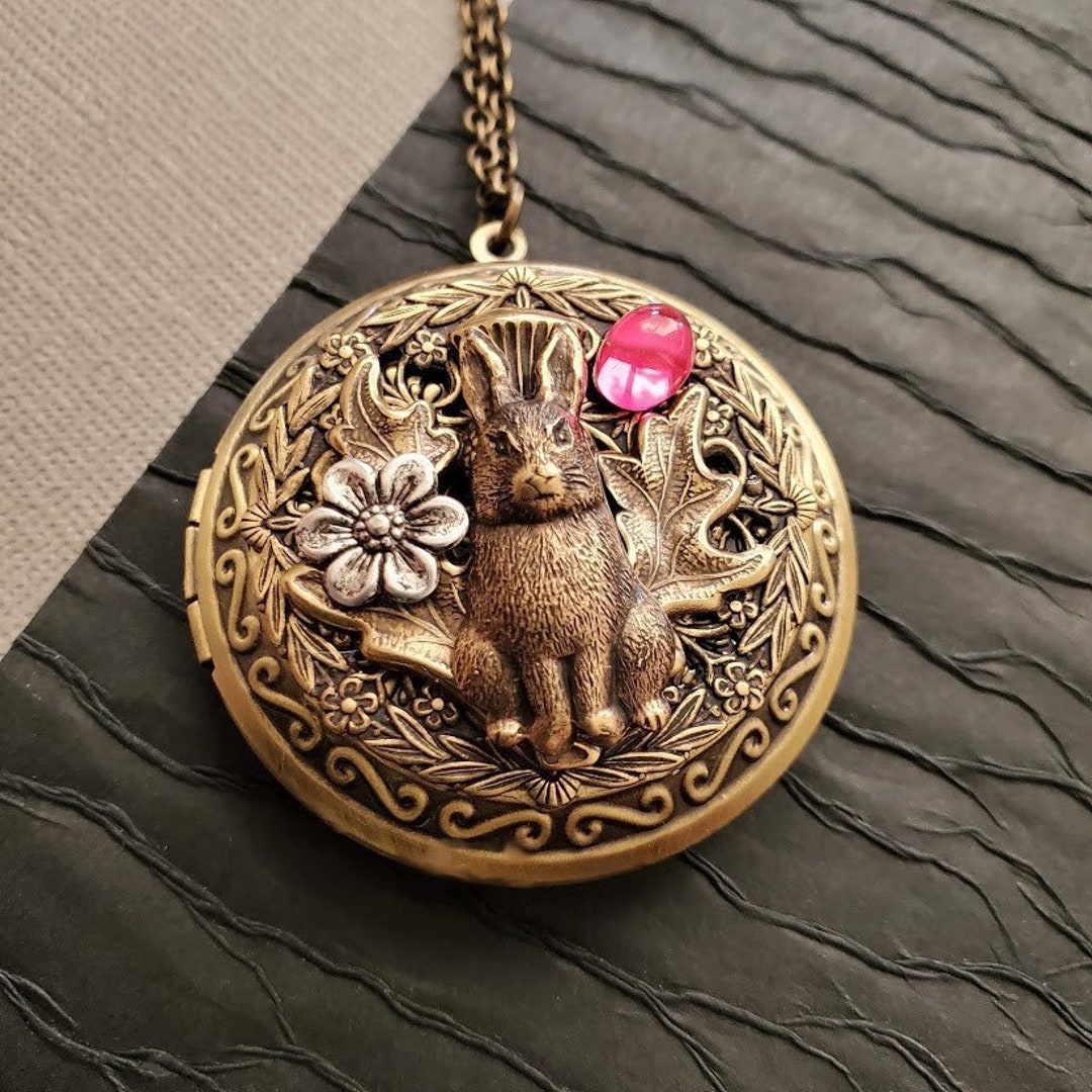 Pink Drop Bunny Rabbit Locket Large Pendant Brass Pill Box Treasure ...