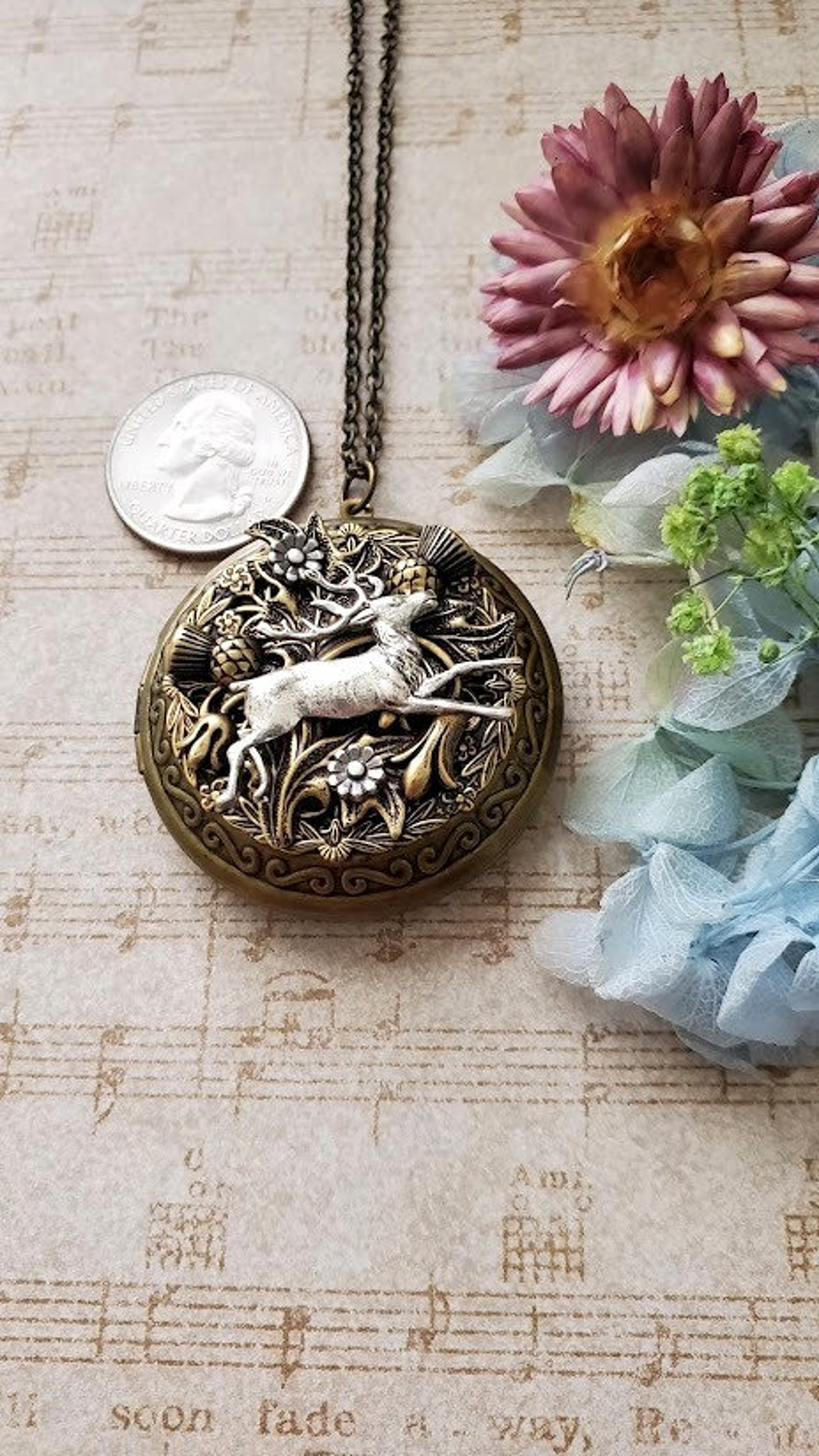 Large Locket Necklace Animal Deer Forest Thistle Flower Bronze - Etsy