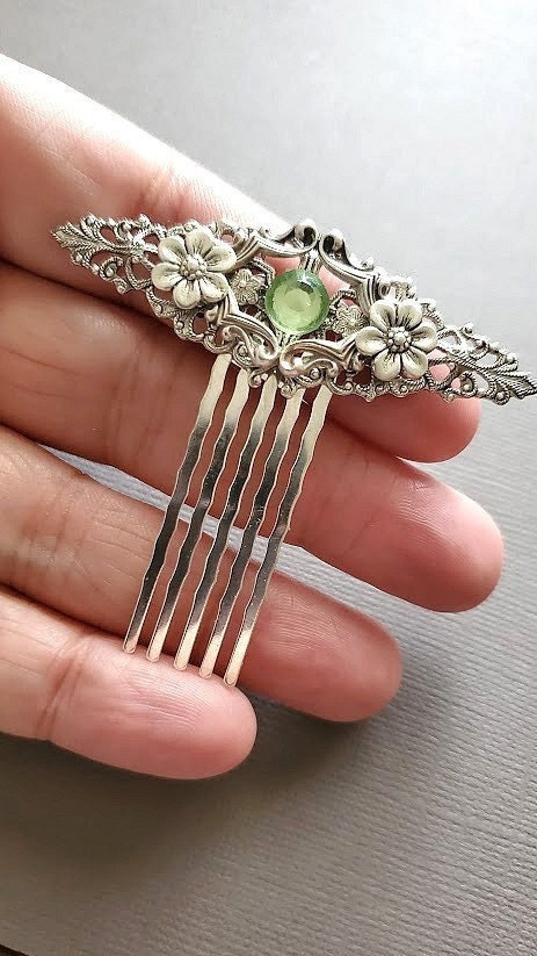 Silver Floral Decorative Hair Comb | Light Green Crystal Flower Hair ...