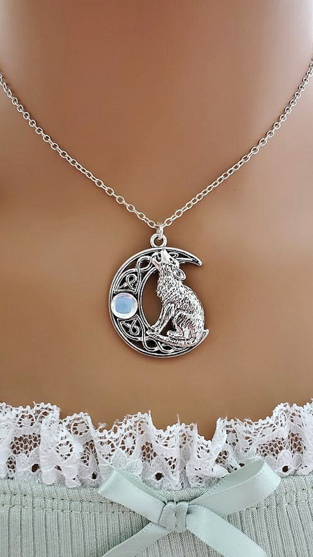 Howling Wolf Necklace | Wolf Moon Pendant | Clear Blue Crystal Jewelry ...