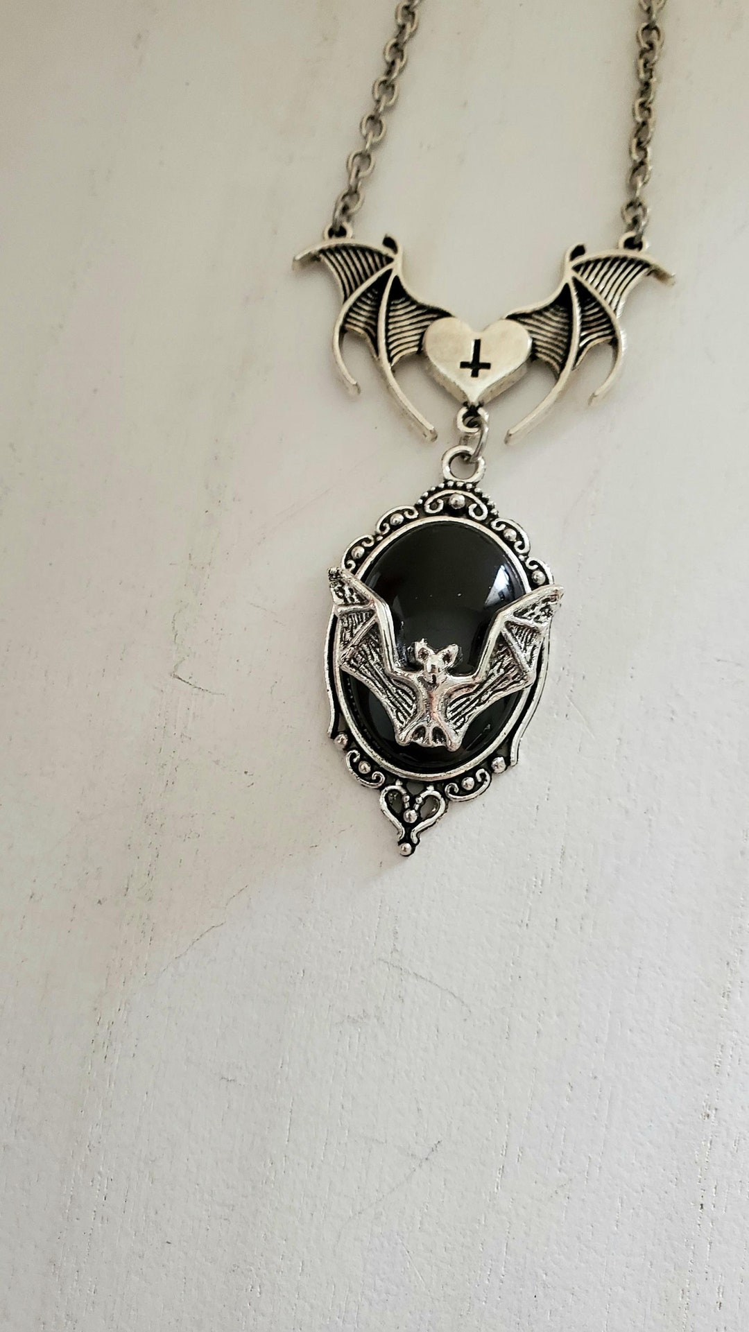 Gothic Necklace | Vampire Jewelry | Black Stone | Bat Pendant | Silver ...