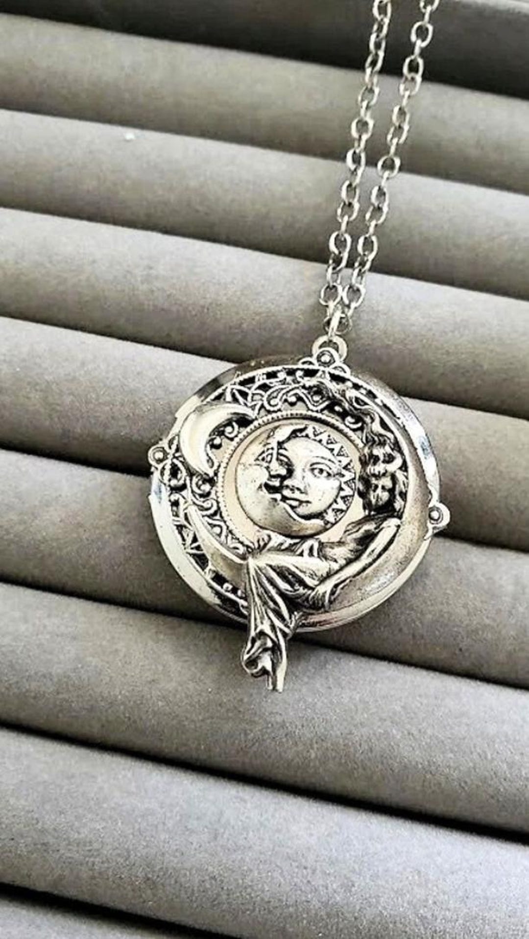 Moon Face Locket | Silver Necklace | Crescent Jewelry | Celestial Sun ...
