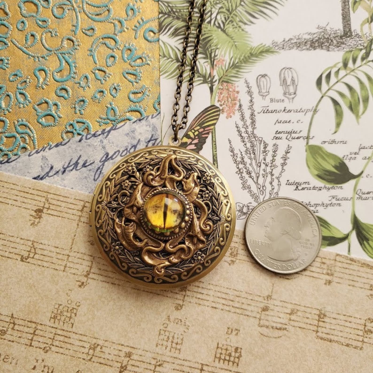 Dragon Eye Locket Necklace Yellow Fire Gold Vintage Look - Etsy