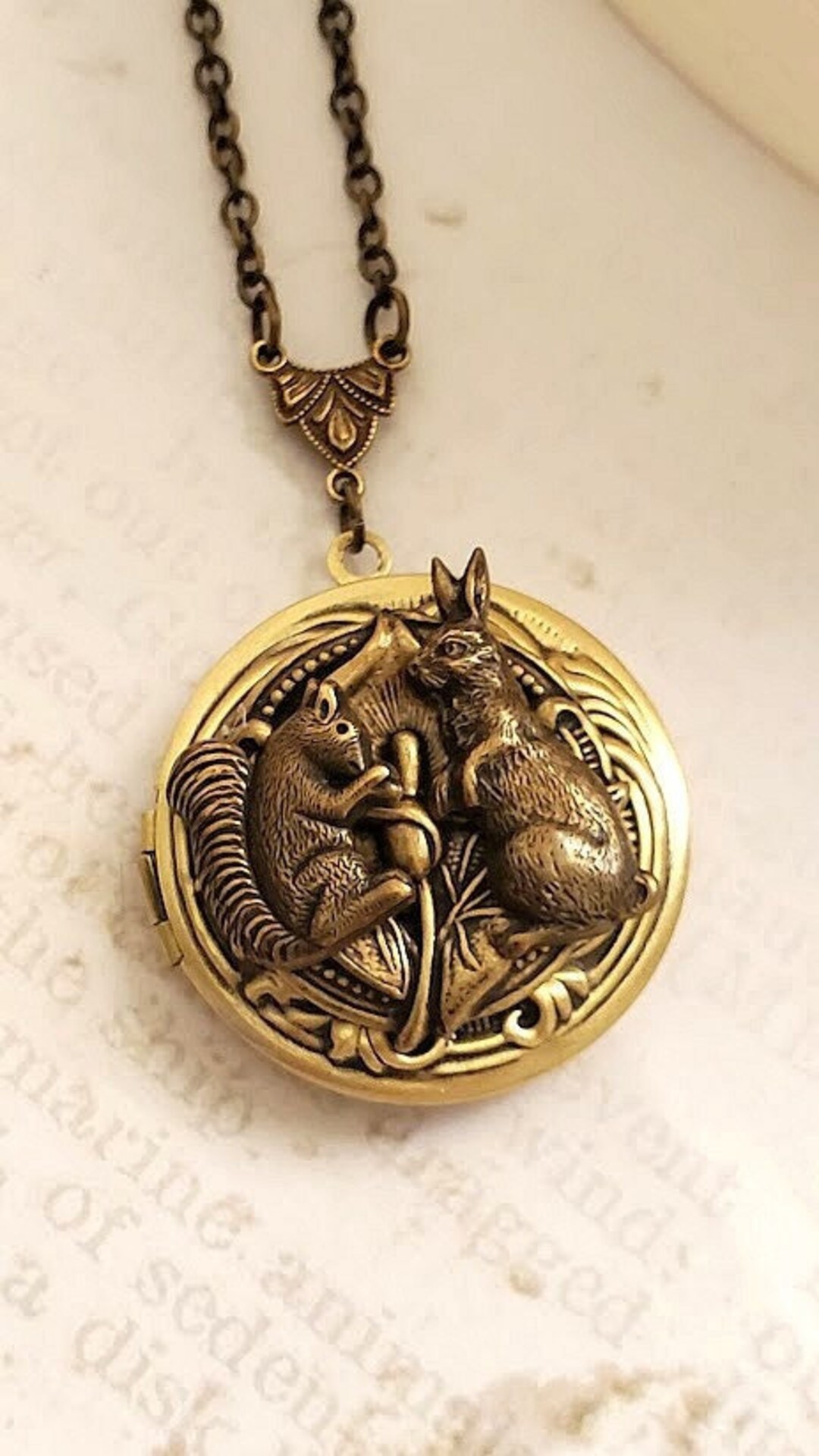Rabbit Locket Squirrel Bunny Necklace Round Brass Pendant Woodland ...