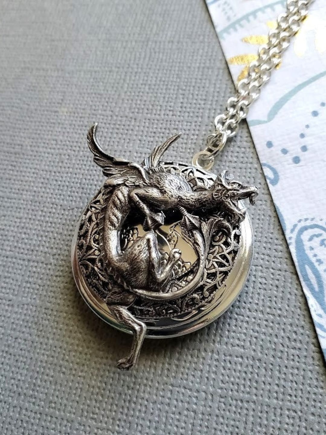 Dragon Locket Necklace Gargoyle Guardian Protection Pendant Silver ...