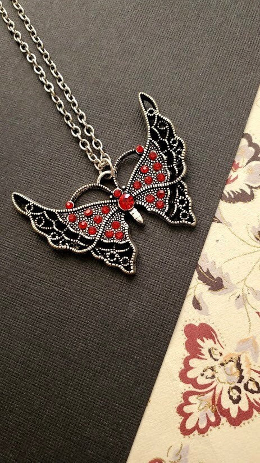 Large Red Butterfly Necklace Silver Ruby Rhinestone Pendant Spring ...