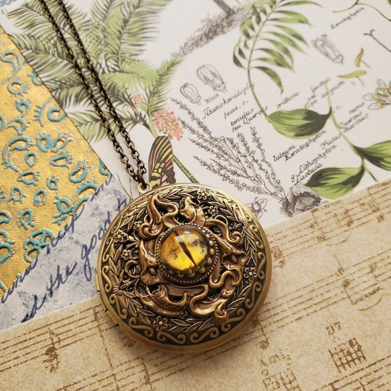Dragon Eye Locket Necklace Yellow Fire Gold Vintage Look - Etsy