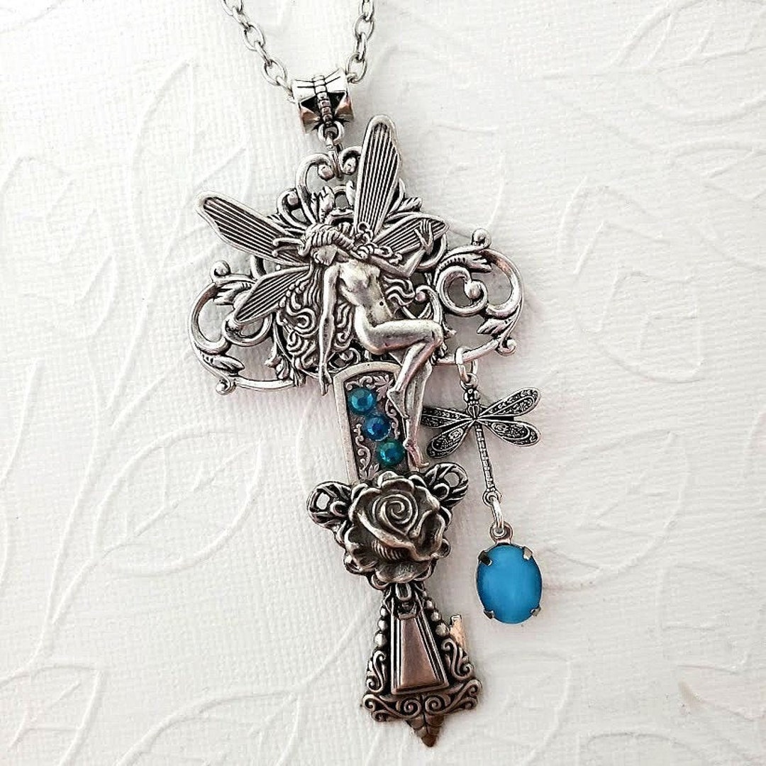 Winged Fairy Necklace Secret Key Magical Figure Fantasy Trendy Art Deco ...