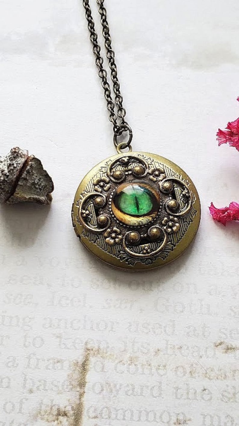 Dragon Eye Locket | Green Eye Vintage Necklace | Fire Gold Pill Box or ...