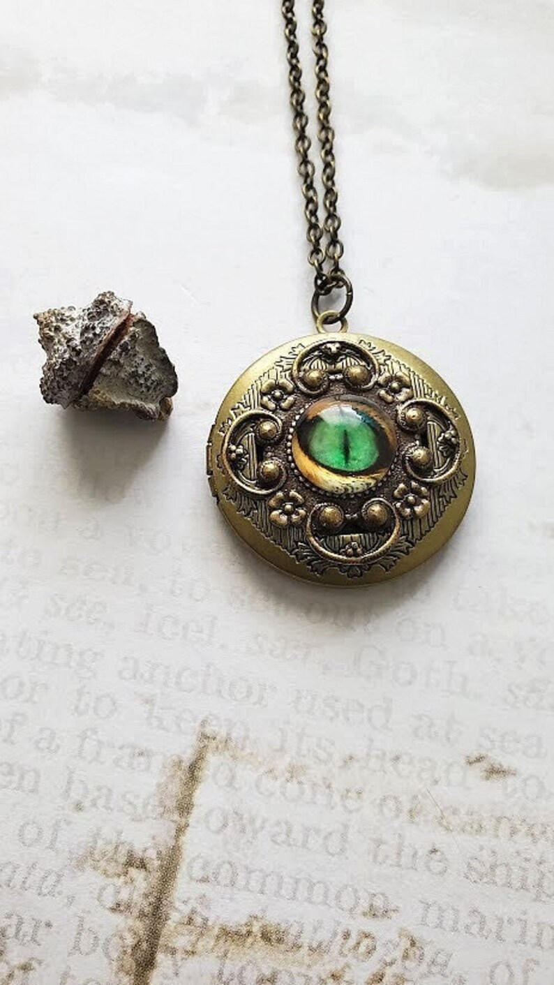 Dragon Eye Locket | Green Eye Vintage Necklace | Fire Gold Pill Box or ...