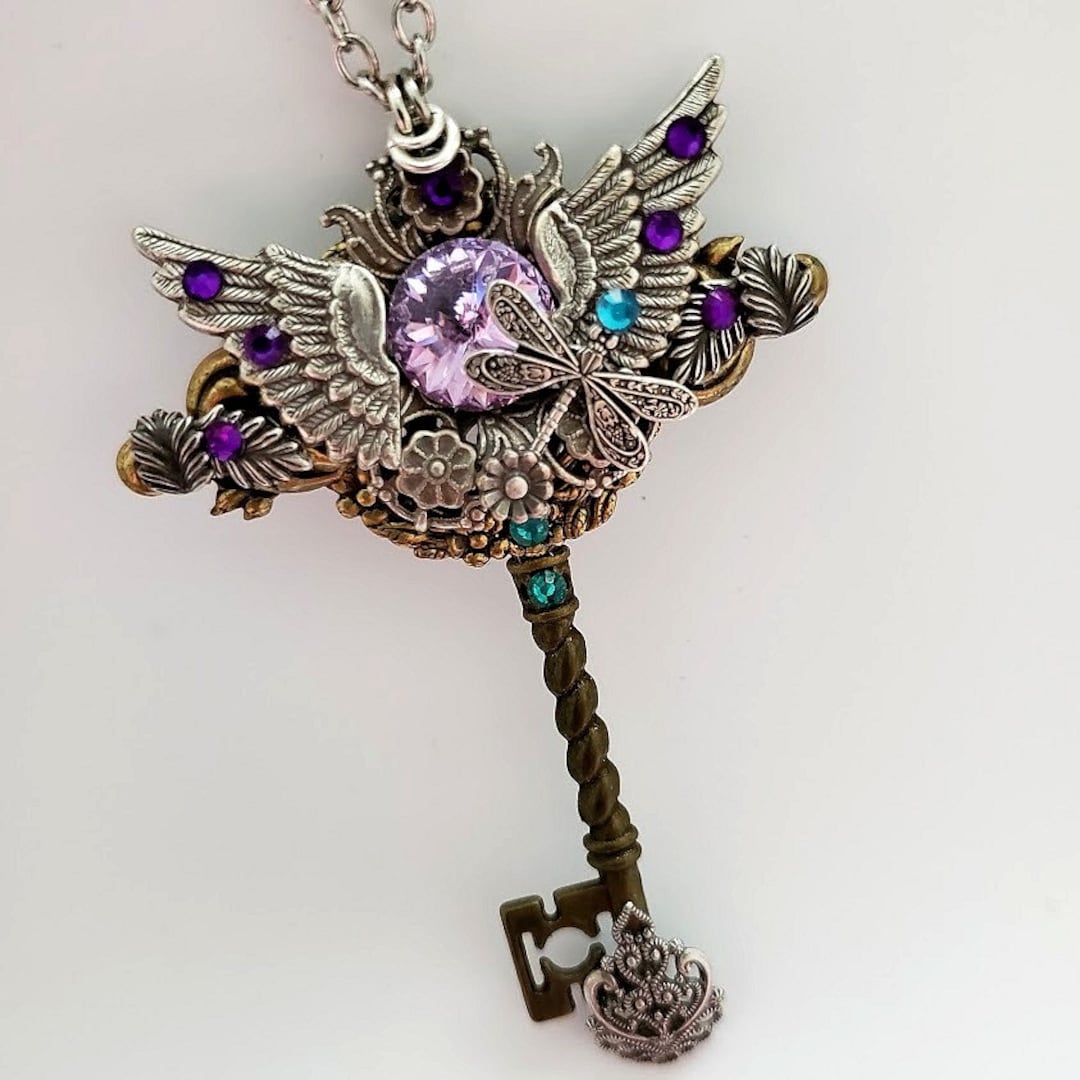 Fantasy Key Necklace - Wing Necklace - Dragonfly Purple Crystal ...