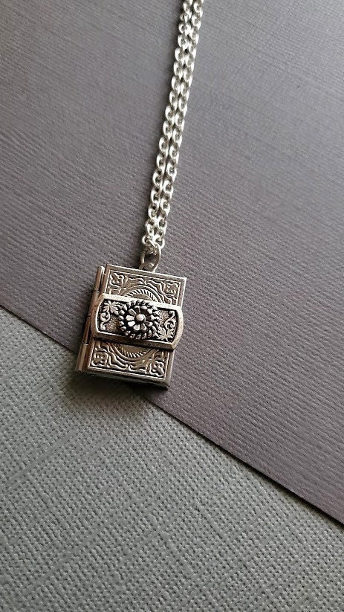 Book Locket Necklace Open Mini Bar Necklace Flower Silver - Etsy