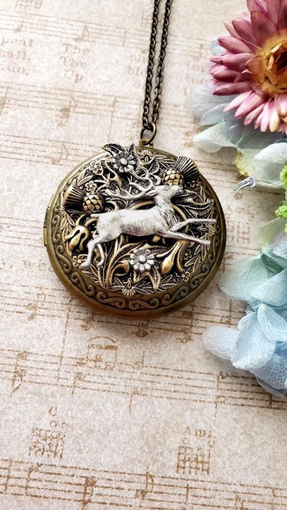 Large Locket Necklace Animal Deer Forest Thistle Flower Bronze - Etsy