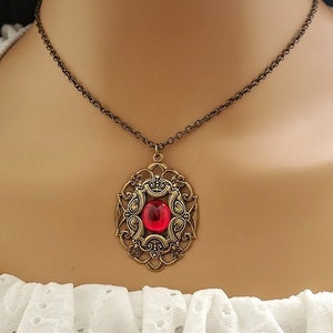 Vintage Look Ruby Red Necklace | Oval Glass Stone | Brass Pendant ...