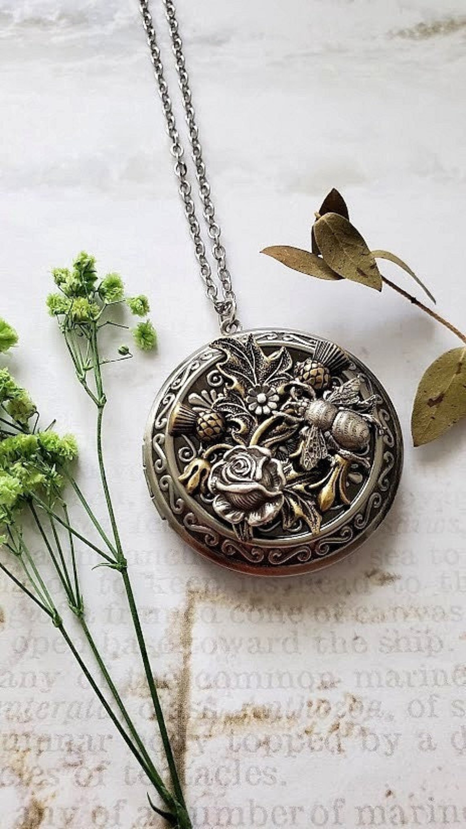 Vintage Style Bee Rose Locket Necklace | Cottage Core | Silver ...