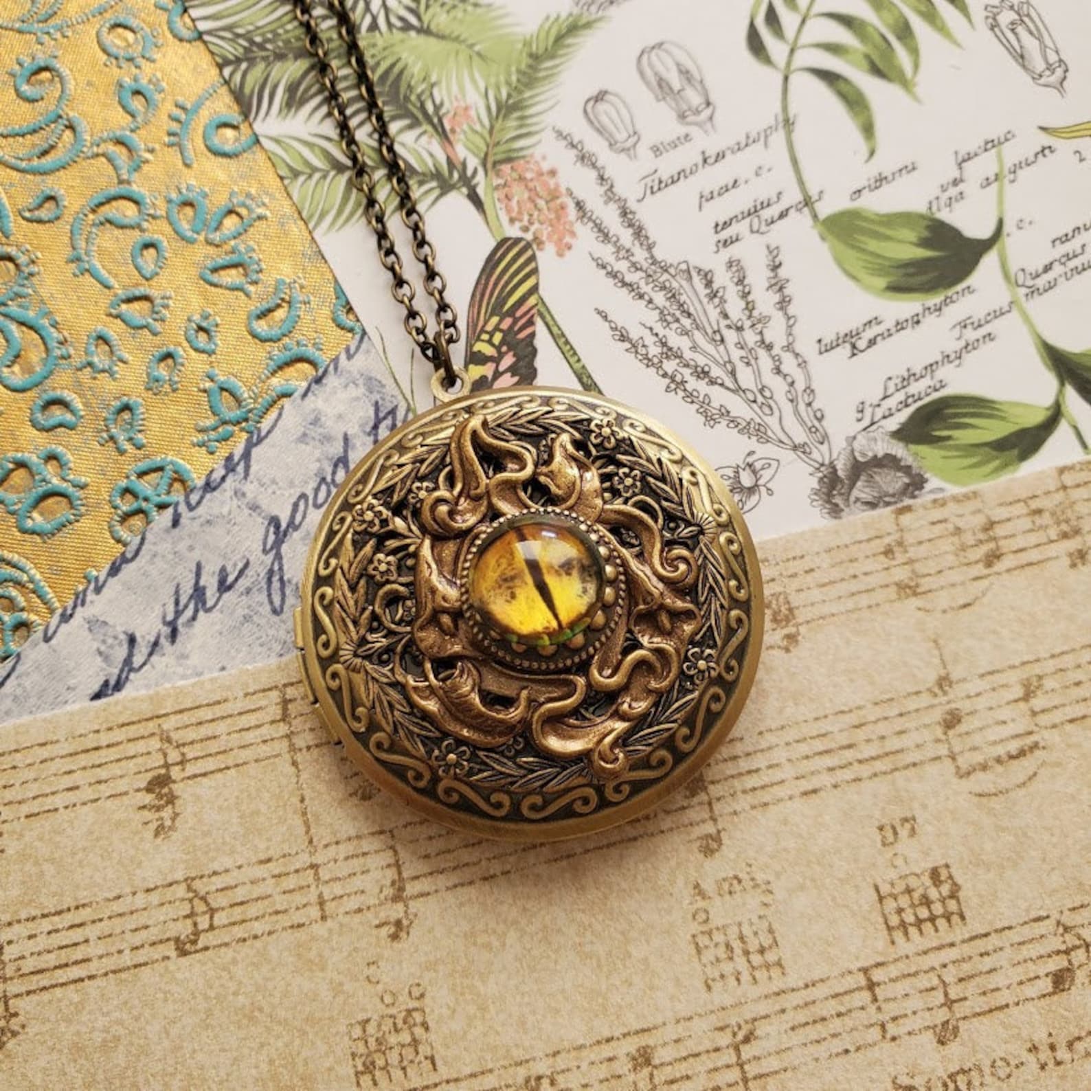 Dragon Eye Locket Necklace Yellow Fire Gold Vintage Look - Etsy