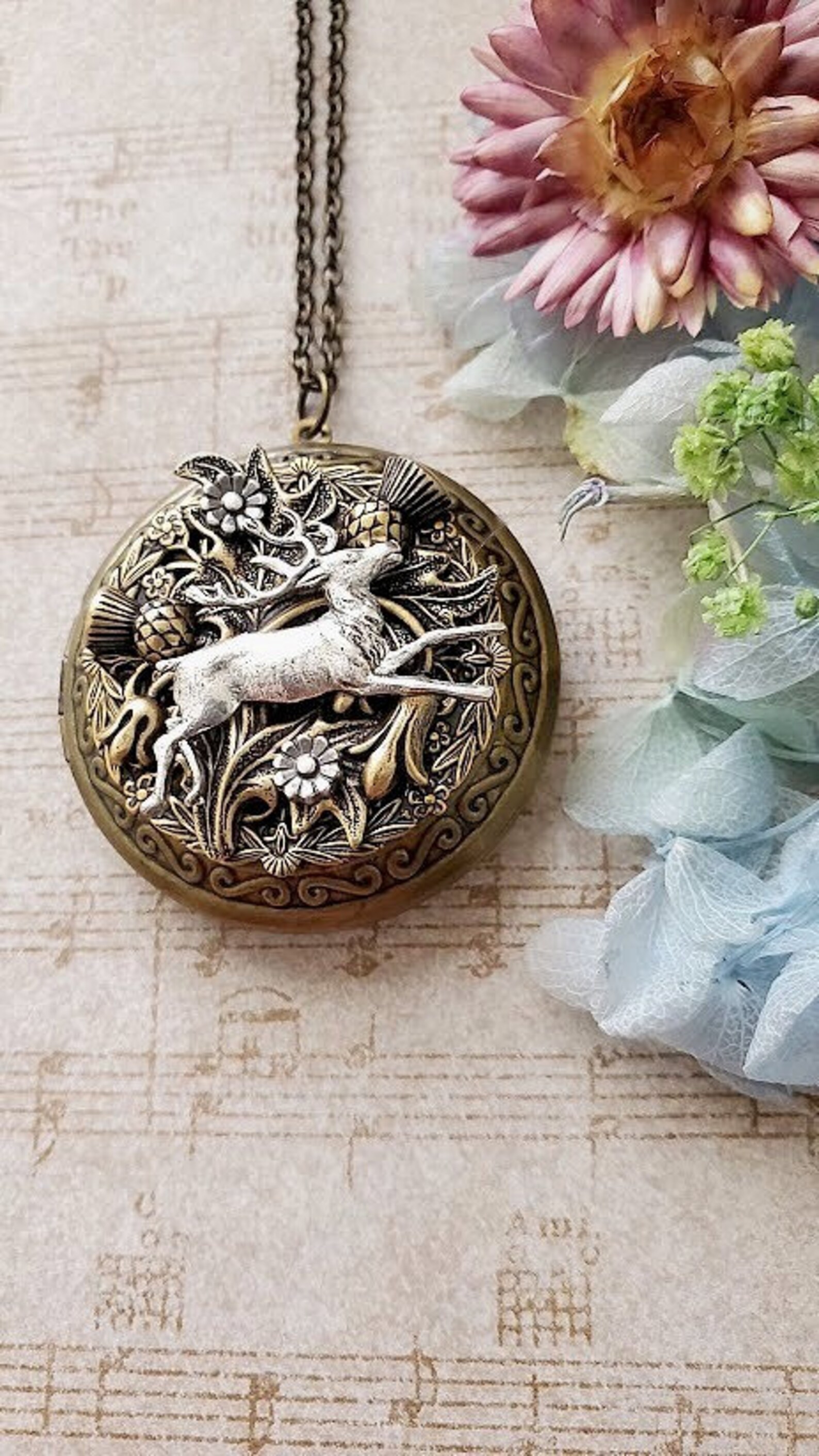 Large Locket Necklace Animal Deer Forest Thistle Flower Bronze - Etsy