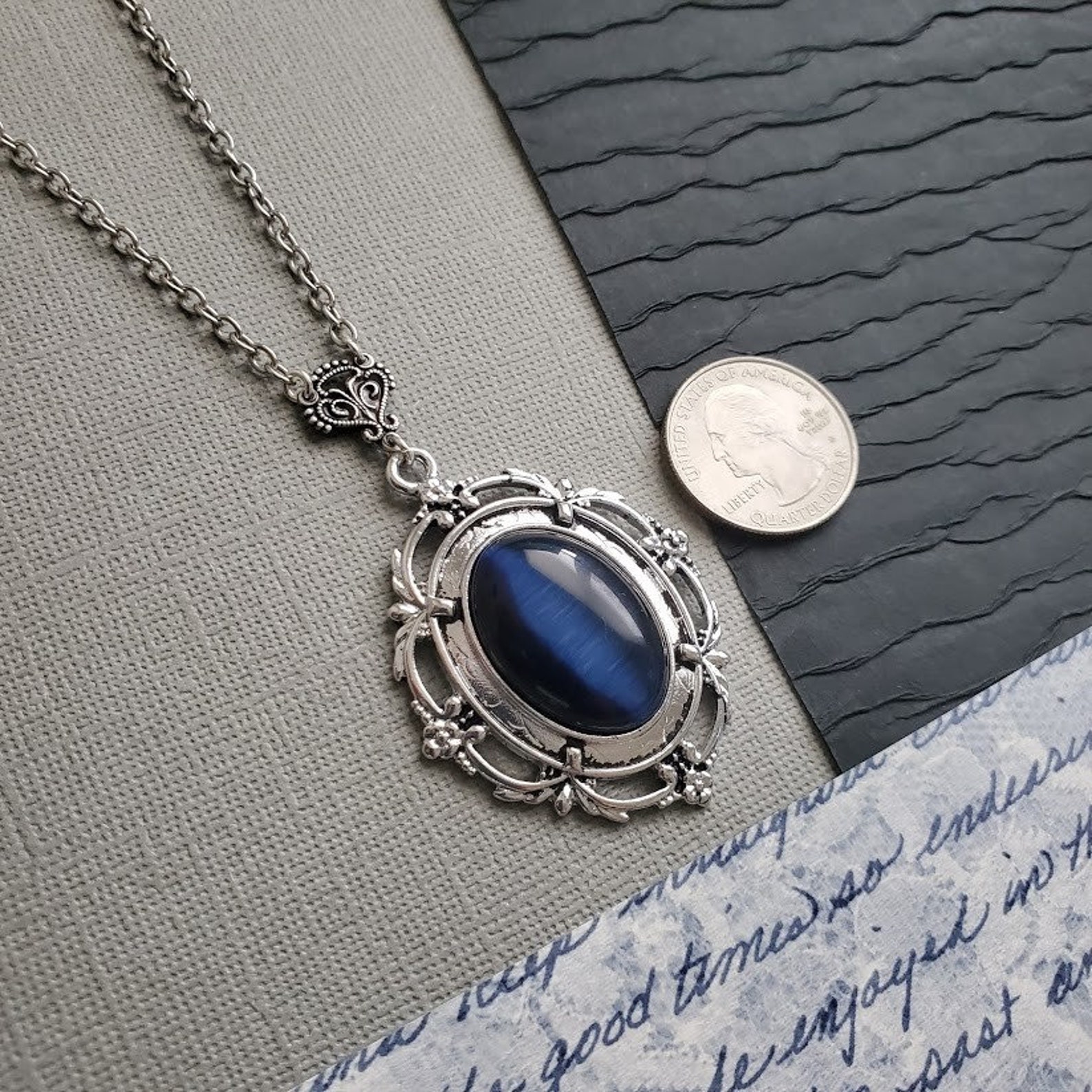 Dark Blue Opal Victorian Pendant Necklace Rich Cats Eye Stone Ocean ...
