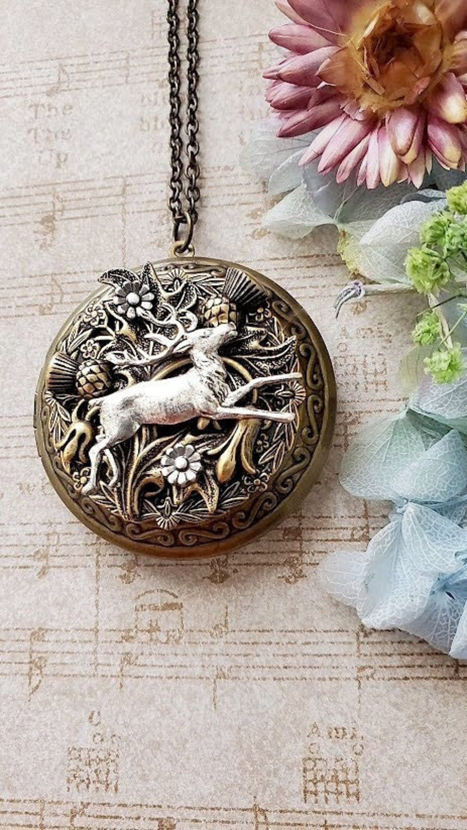 Large Locket Necklace Animal Deer Forest Thistle Flower Bronze - Etsy