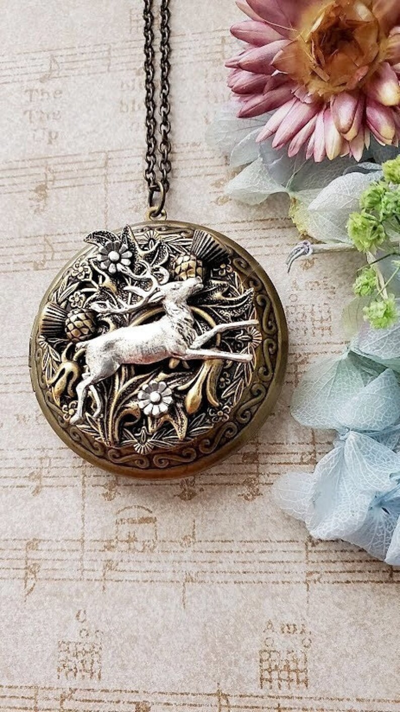 Large Locket Necklace Animal Deer Forest Thistle Flower Bronze - Etsy