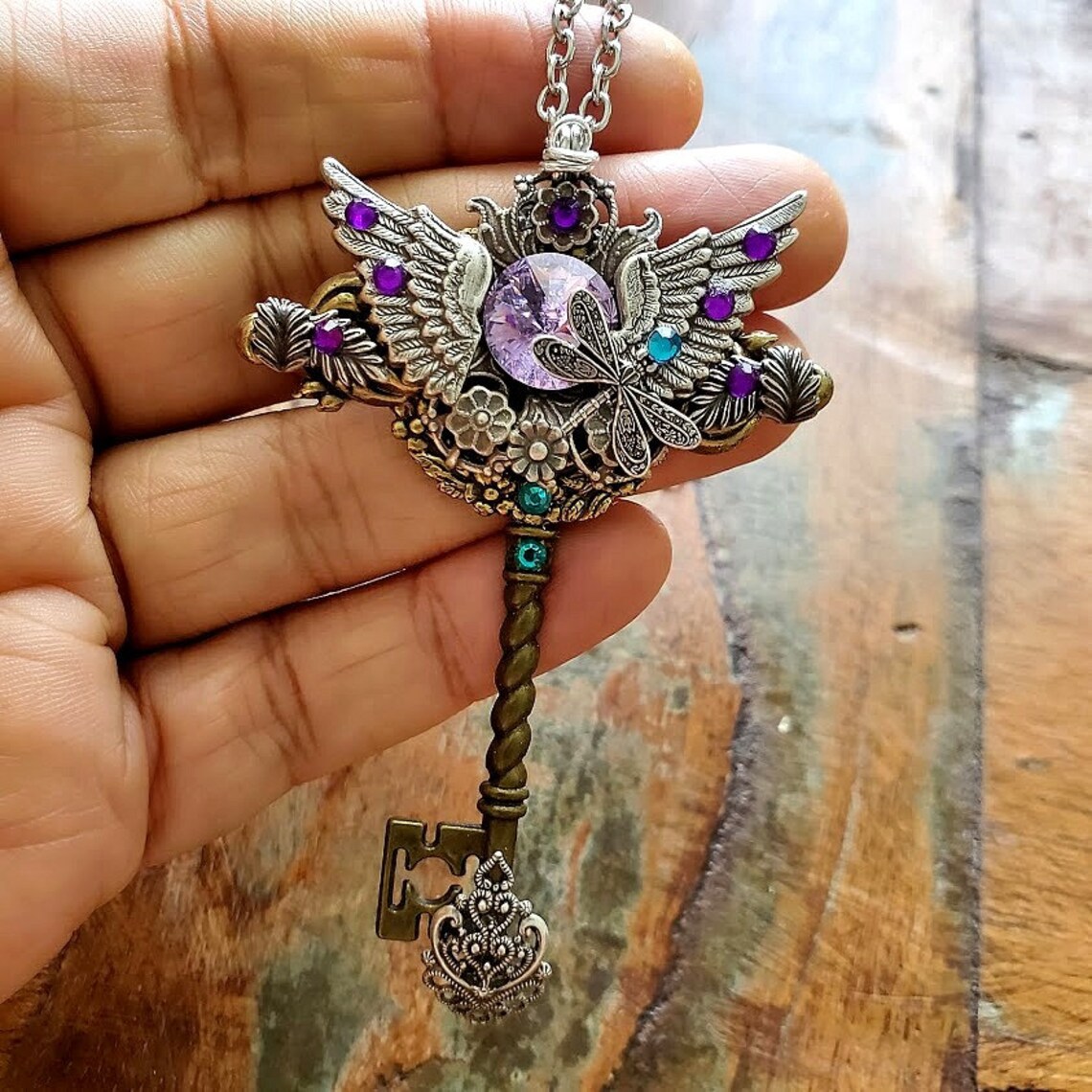 Fantasy Key Necklace - Wing Necklace - Dragonfly Purple Crystal ...