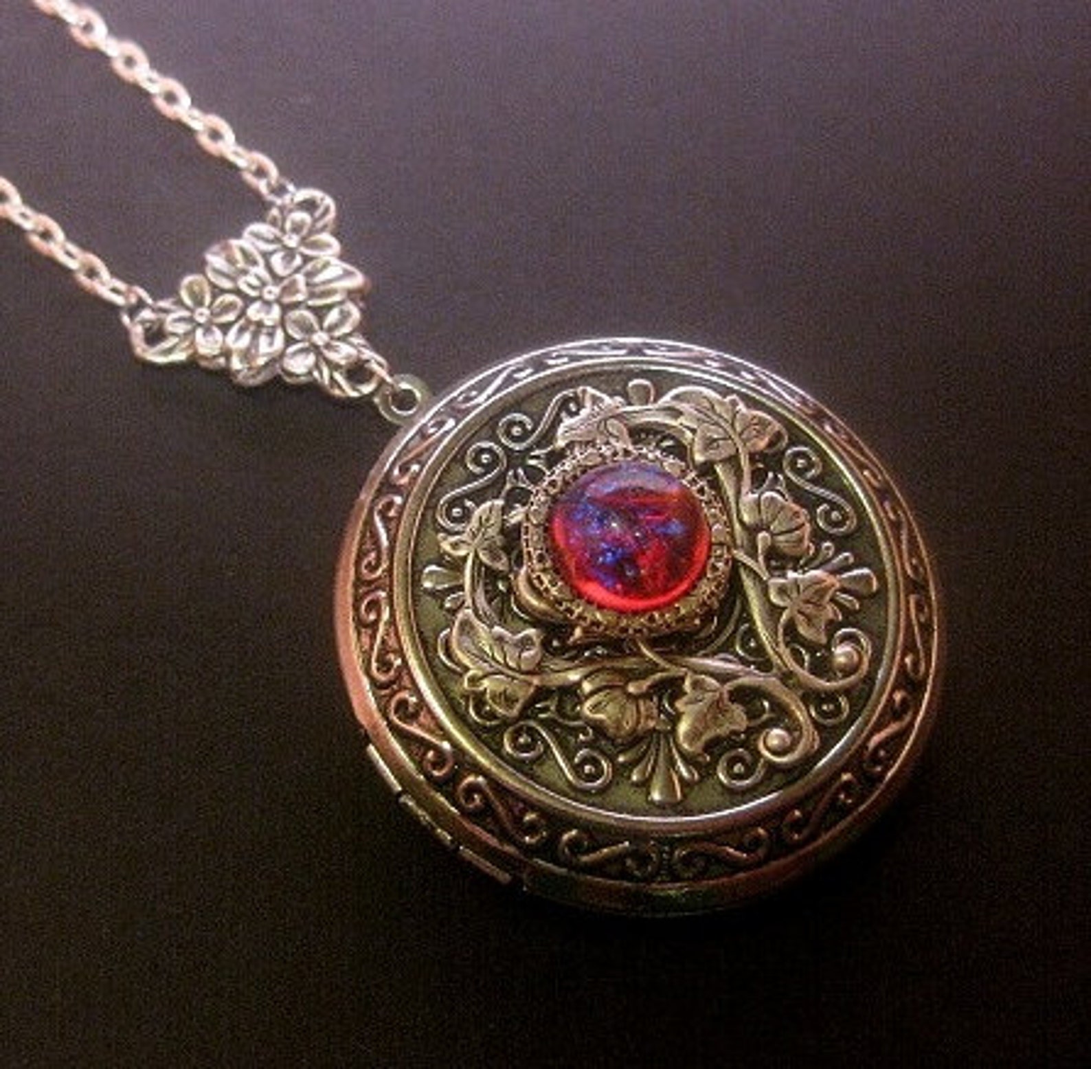 Locket Necklace Dragons Breath Fire Opal Large Round Silver | Etsy
