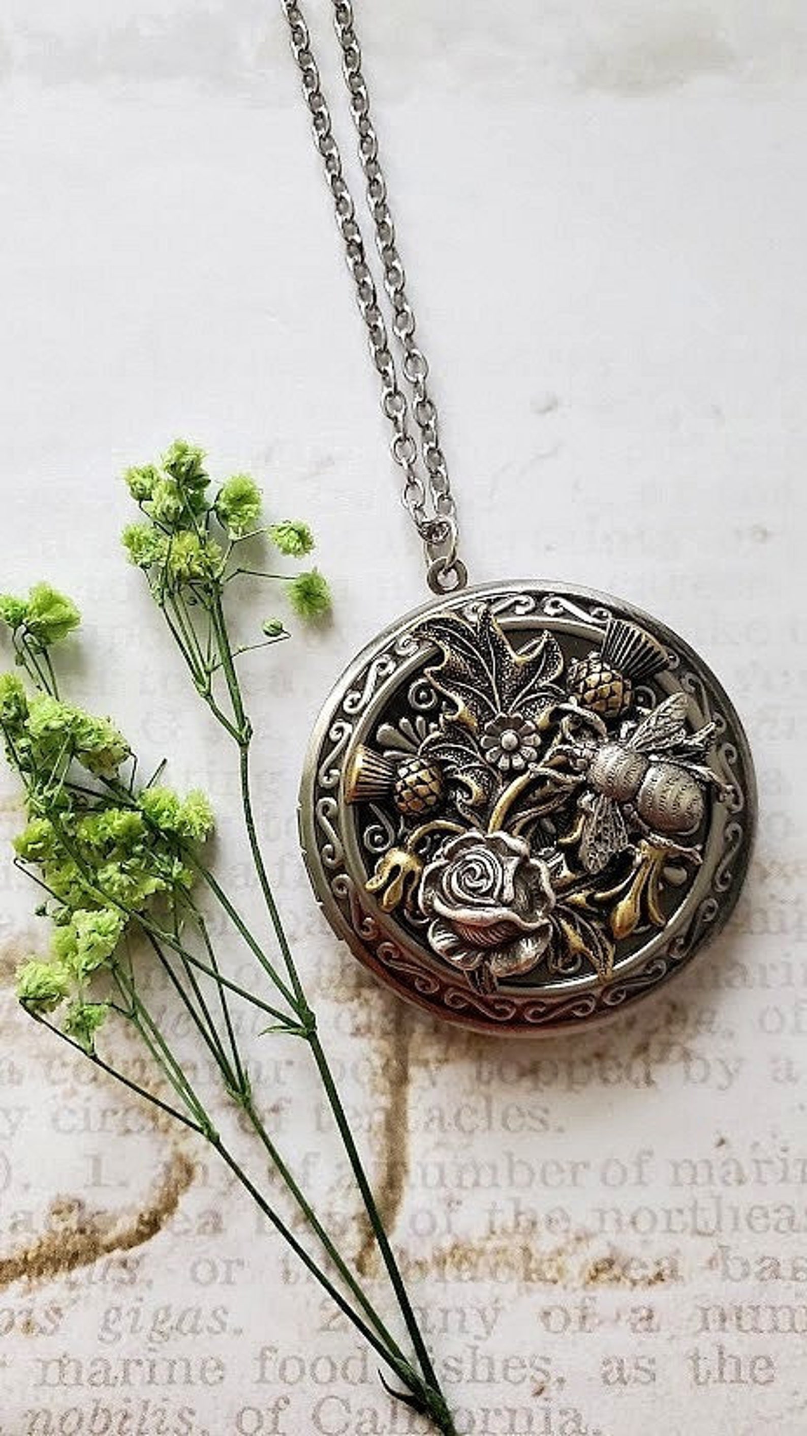 Vintage Style Bee Rose Locket Necklace Cottage Core Silver - Etsy