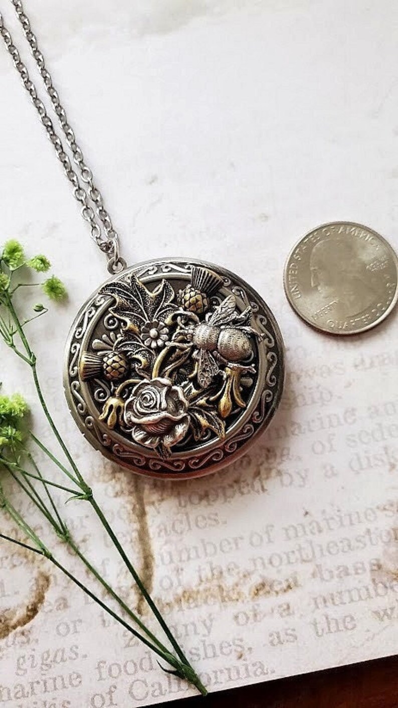Vintage Style Bee Rose Locket Necklace Cottage Core Silver - Etsy