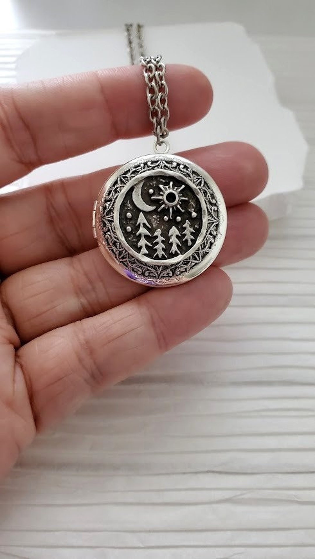 Nature Locket | Silver Moon Necklace | Pine Tree Jewelry | Celestial ...