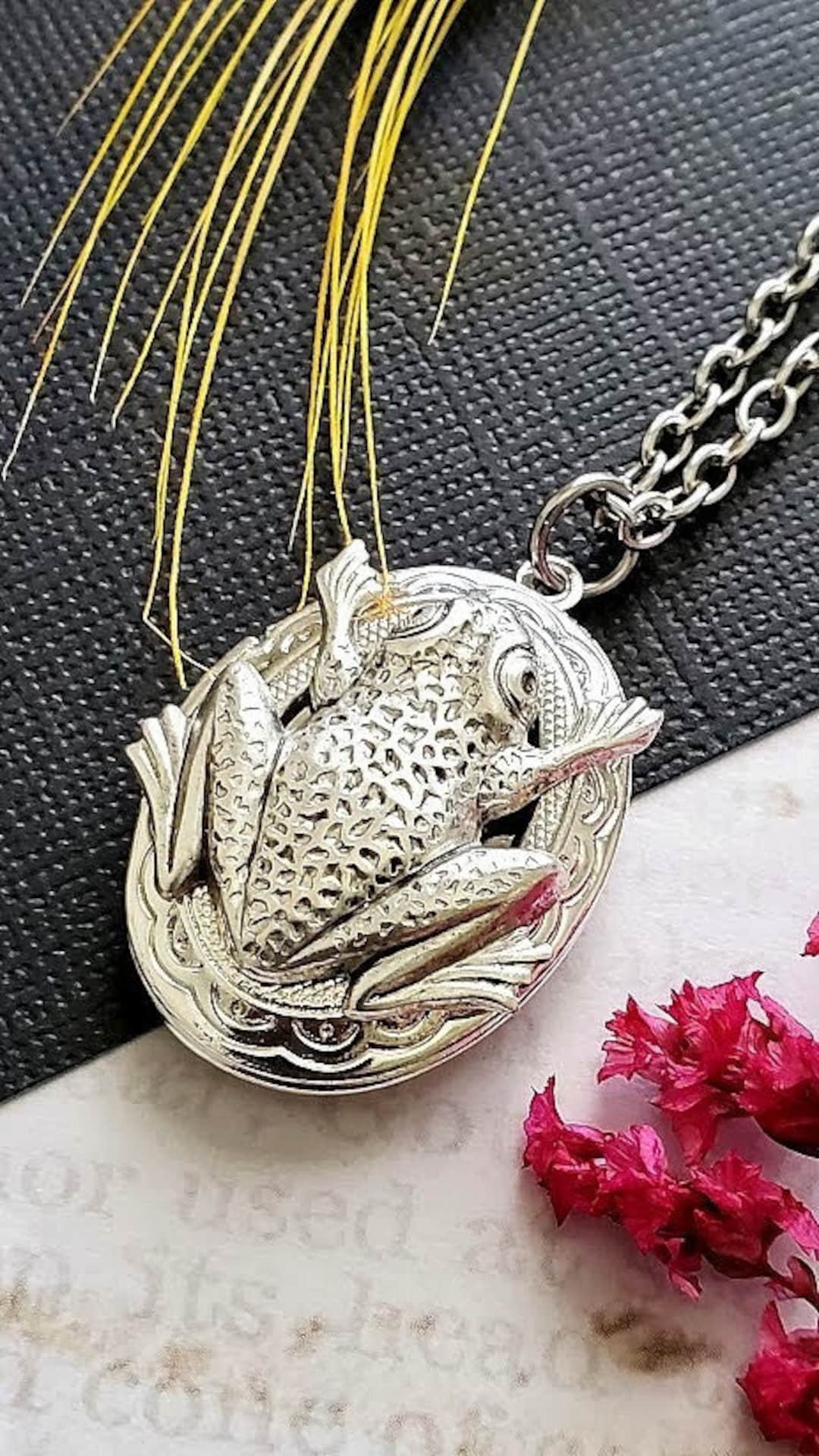 Silver Oval Locket - Frog Necklace - Animal Pendant - Wetland Leaf ...