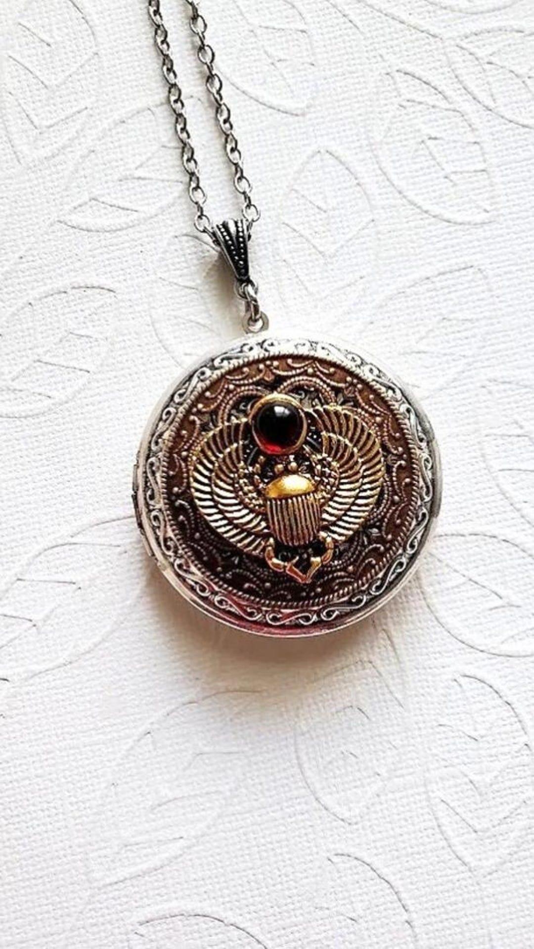 Egyptian Scarab Locket With Dark Red Stone| Large Locket | Silver ...