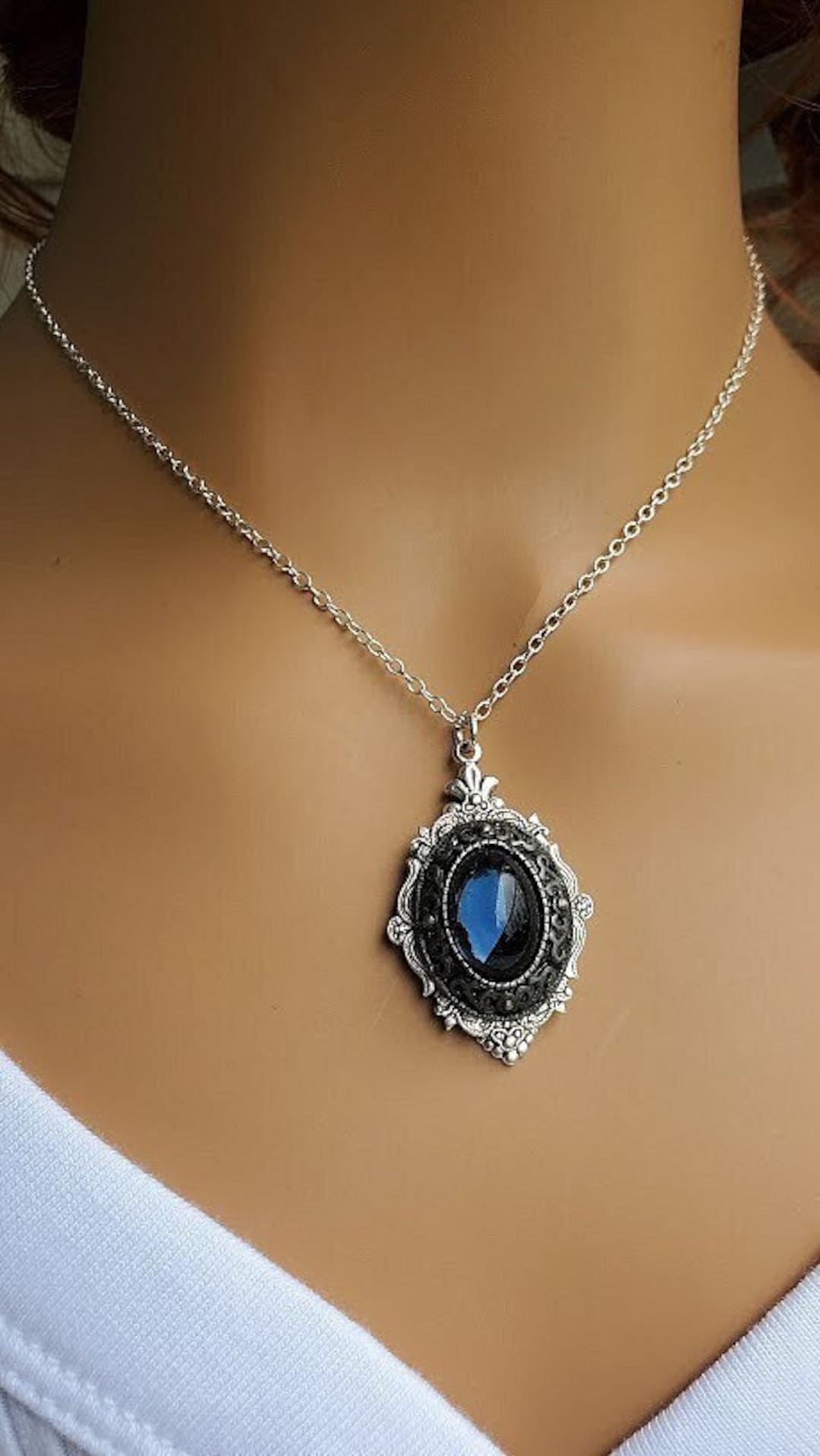 Blue Oval Necklace Dark Blue Pendant Silver Saphire - Etsy