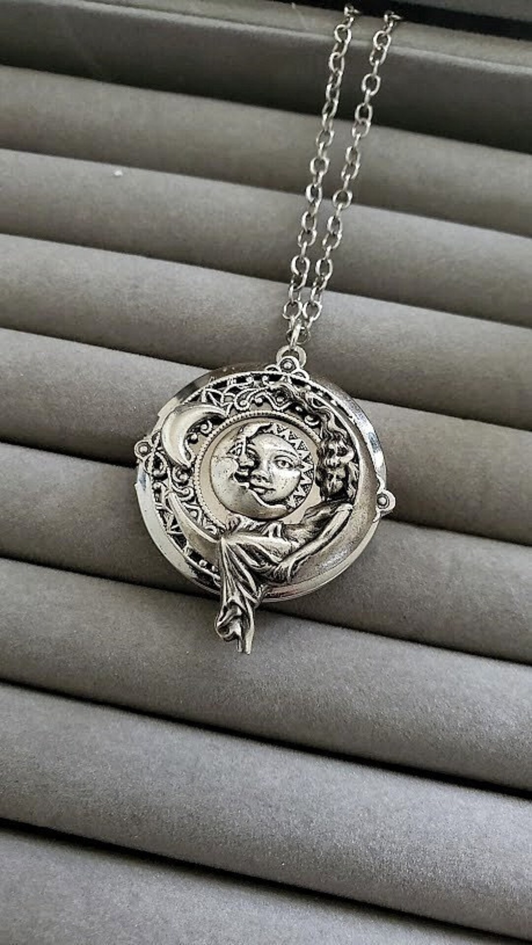 Moon Face Locket Silver Necklace Crescent Jewelry Celestial Sun Pendant ...