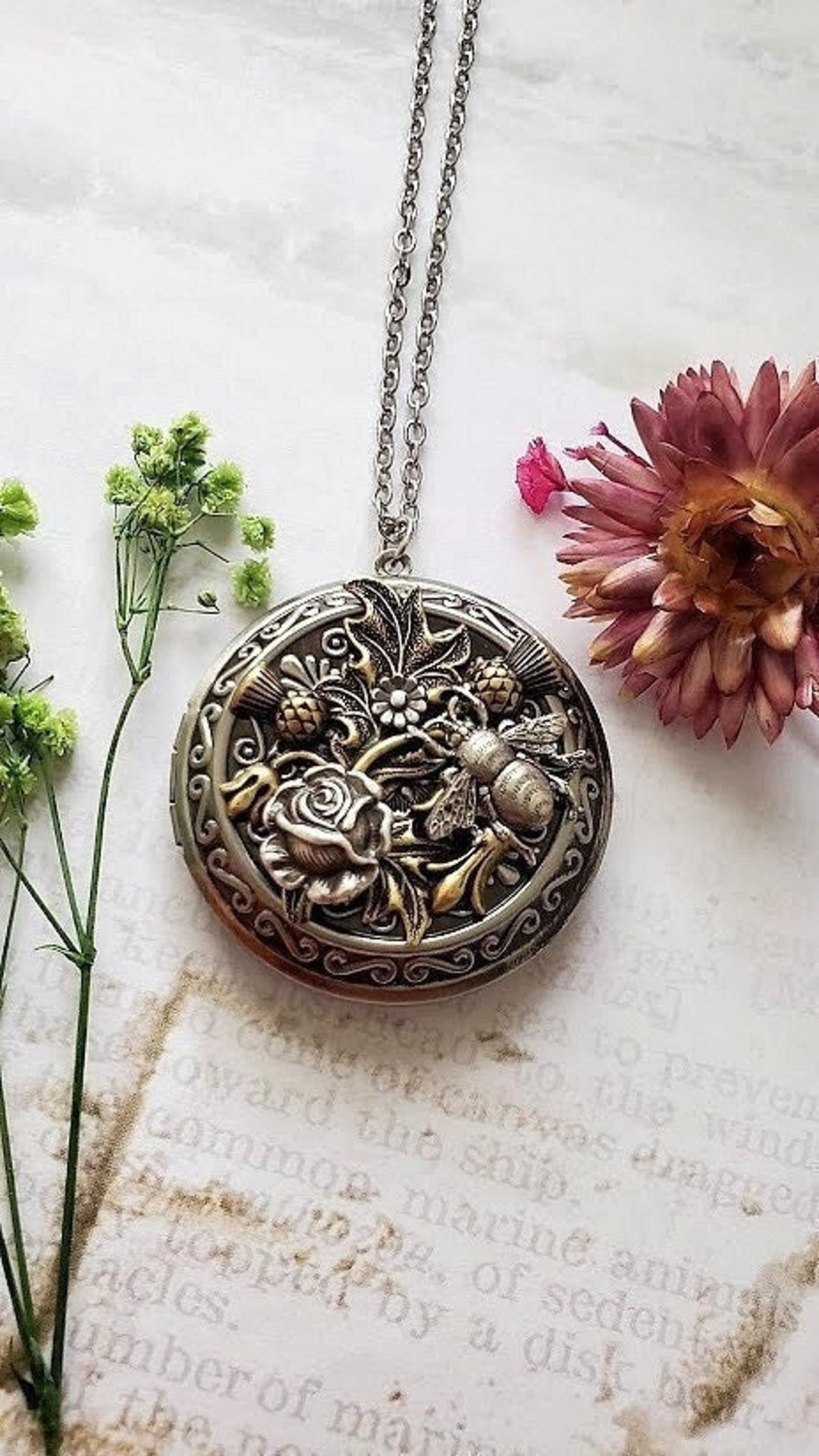 Vintage Style Bee Rose Locket Necklace | Cottage Core | Silver ...